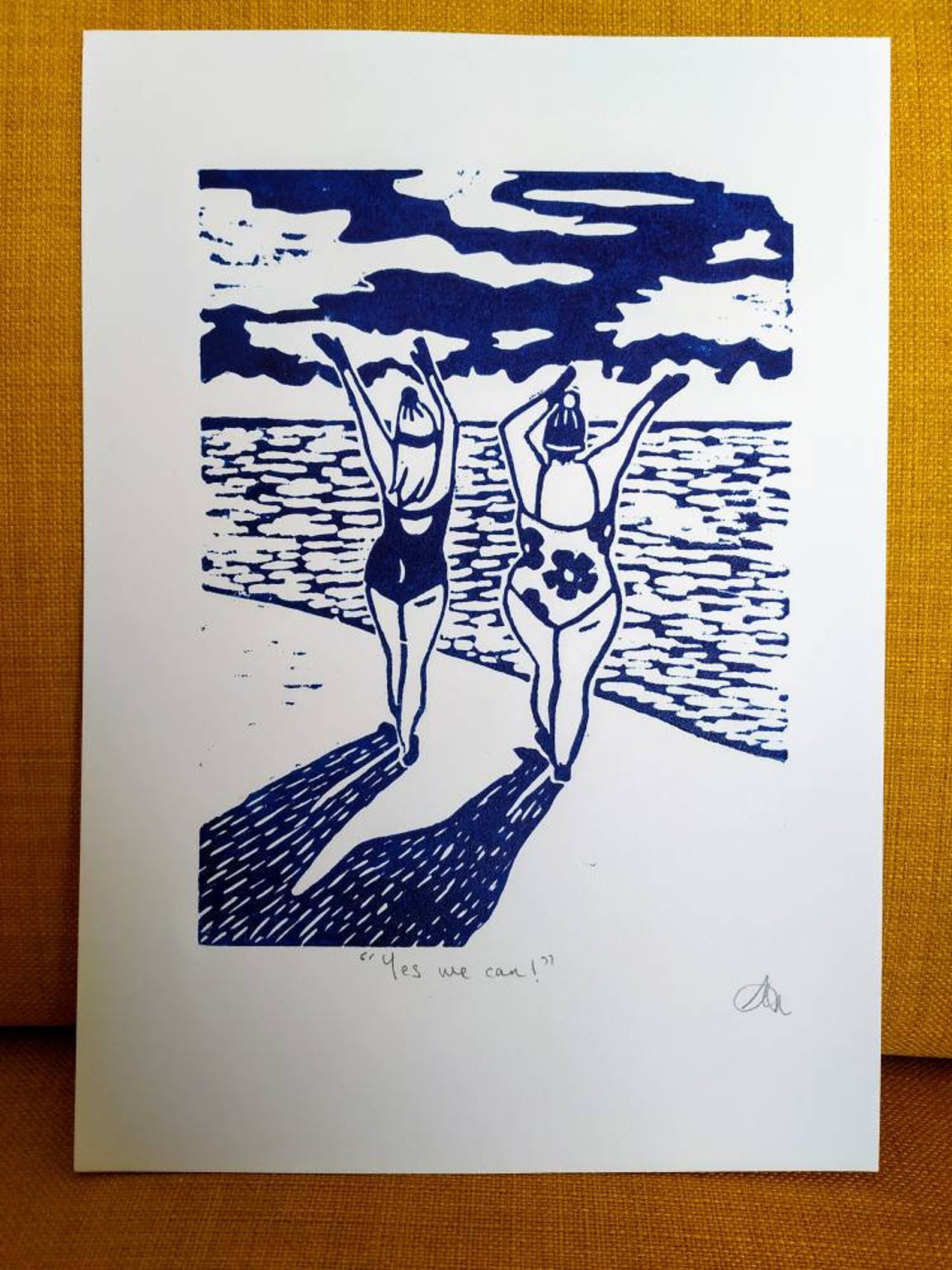 Original Lino Print Featuring Cold Water Sea Swimmers on Worthing Beach ...