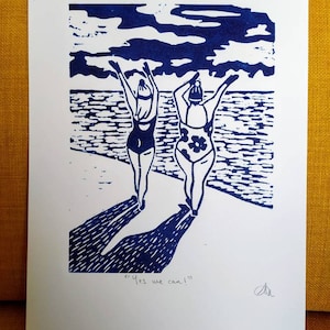 Original Lino Print Featuring Cold Water Sea Swimmers on Worthing Beach ...