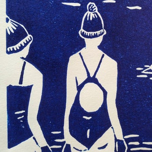 Original Lino Print. Cold Water Sea Swimming in Blue. Worthing in Blue ...