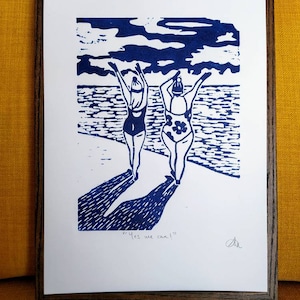 Original Lino Print Featuring Cold Water Sea Swimmers on Worthing Beach ...