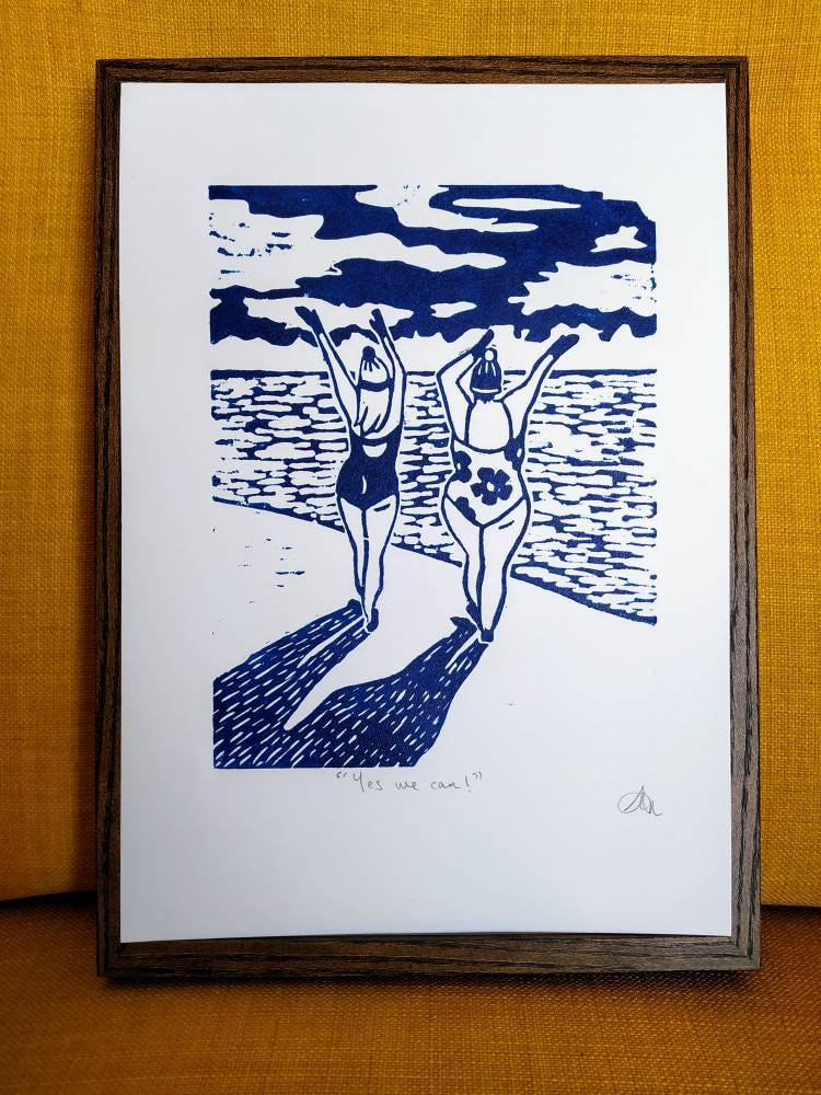 Original Lino Print Featuring Cold Water Sea Swimmers on - Etsy