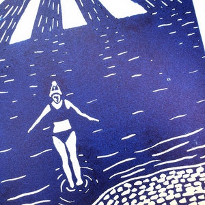 Original Lino Print. Cold Water Swimmer in Blue. Worthing in Blue - Etsy
