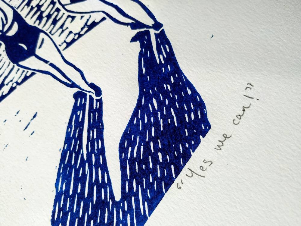 Original lino print featuring cold water sea swimmers on Worthing beach ...