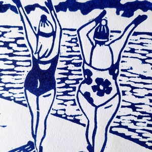 Original Lino Print Featuring Cold Water Sea Swimmers on Worthing Beach ...