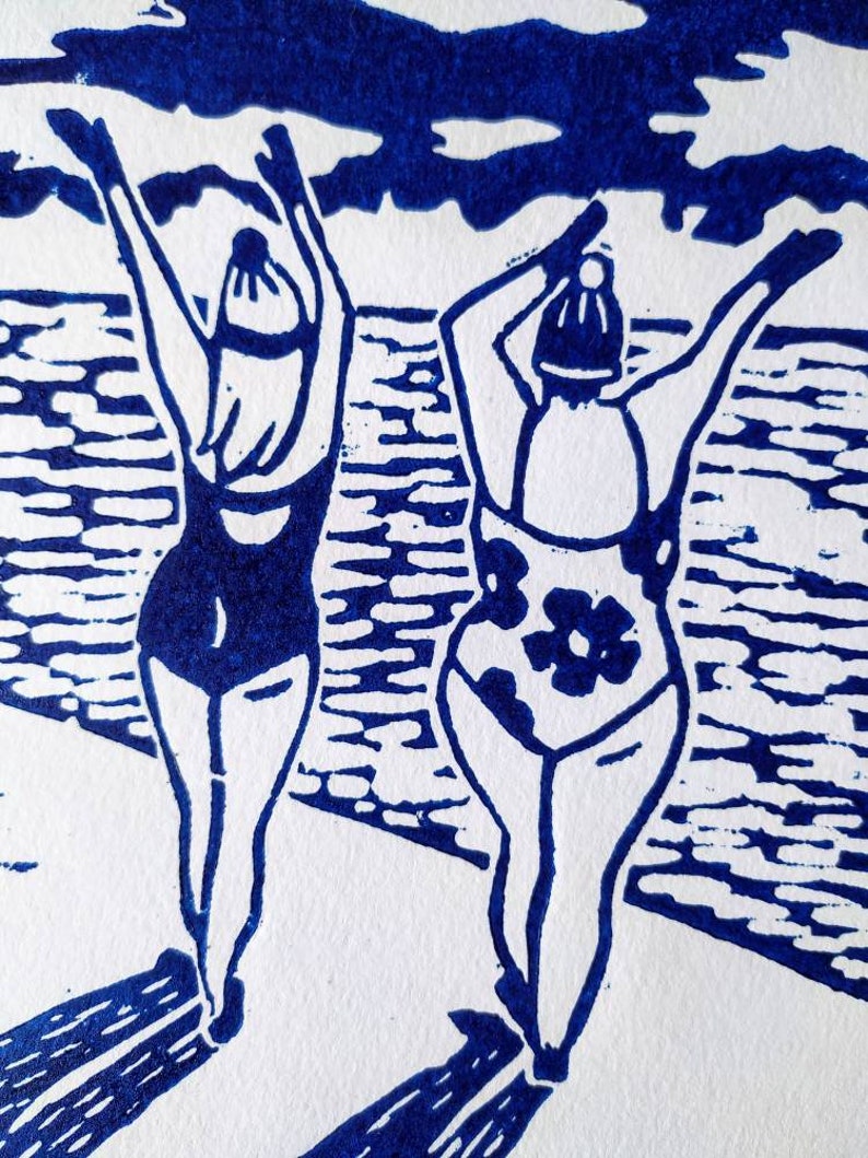 Original Lino Print Featuring Cold Water Sea Swimmers on | Etsy