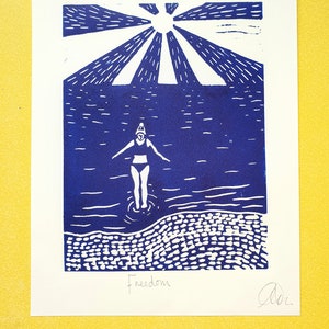 Original Lino Print. Cold Water Swimmer in Blue. Worthing in Blue - Etsy