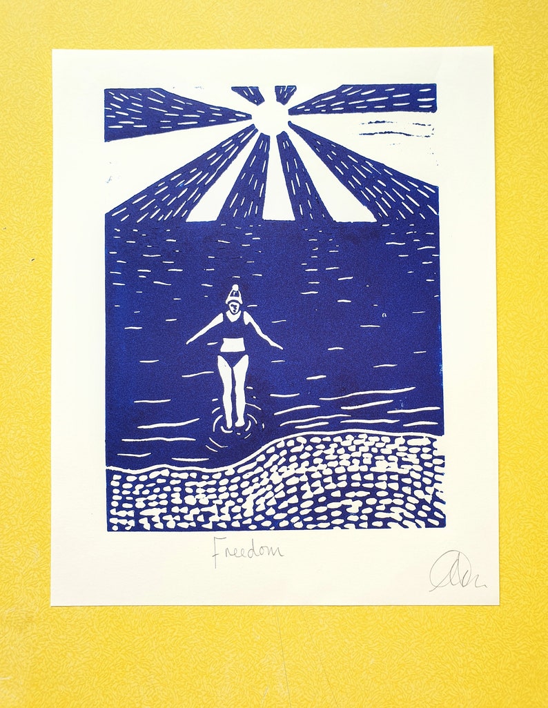 Original Lino Print. Cold Water Swimmer in Blue. Worthing in Blue - Etsy