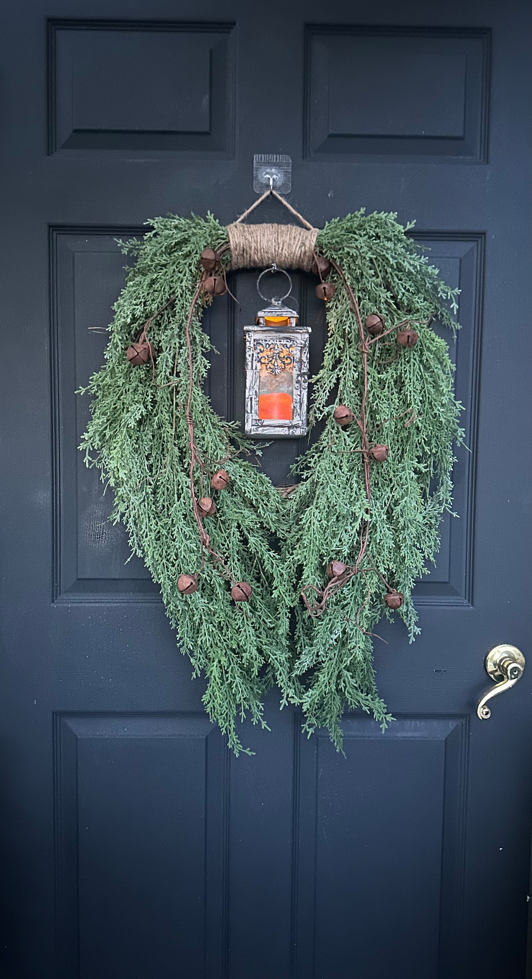 Drooping Cedar Christmas Wreath, Farmhouse Lantern, Rustic Jingle Bells ...