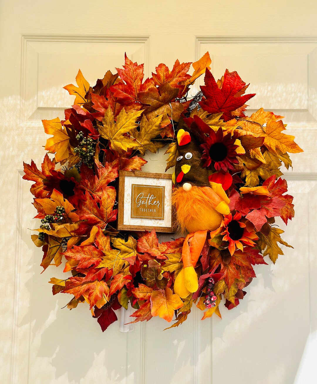 Thanksgiving Fall Wreath, Front Door, Porch, Wall Hanging, Autumn Gnome ...