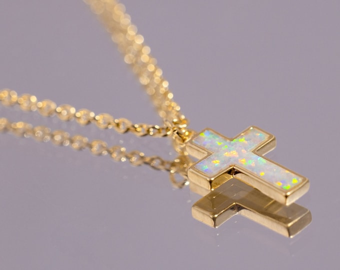 Gold Plated Opal Inlay Cross Necklace - Crucifix Pendant Chain - Modern ...