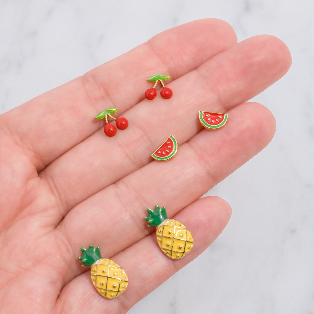 Fruit Stud Earrings - Cute Cherry Watermelon Pineapple Studs - Adorable Everyday Color Post ...