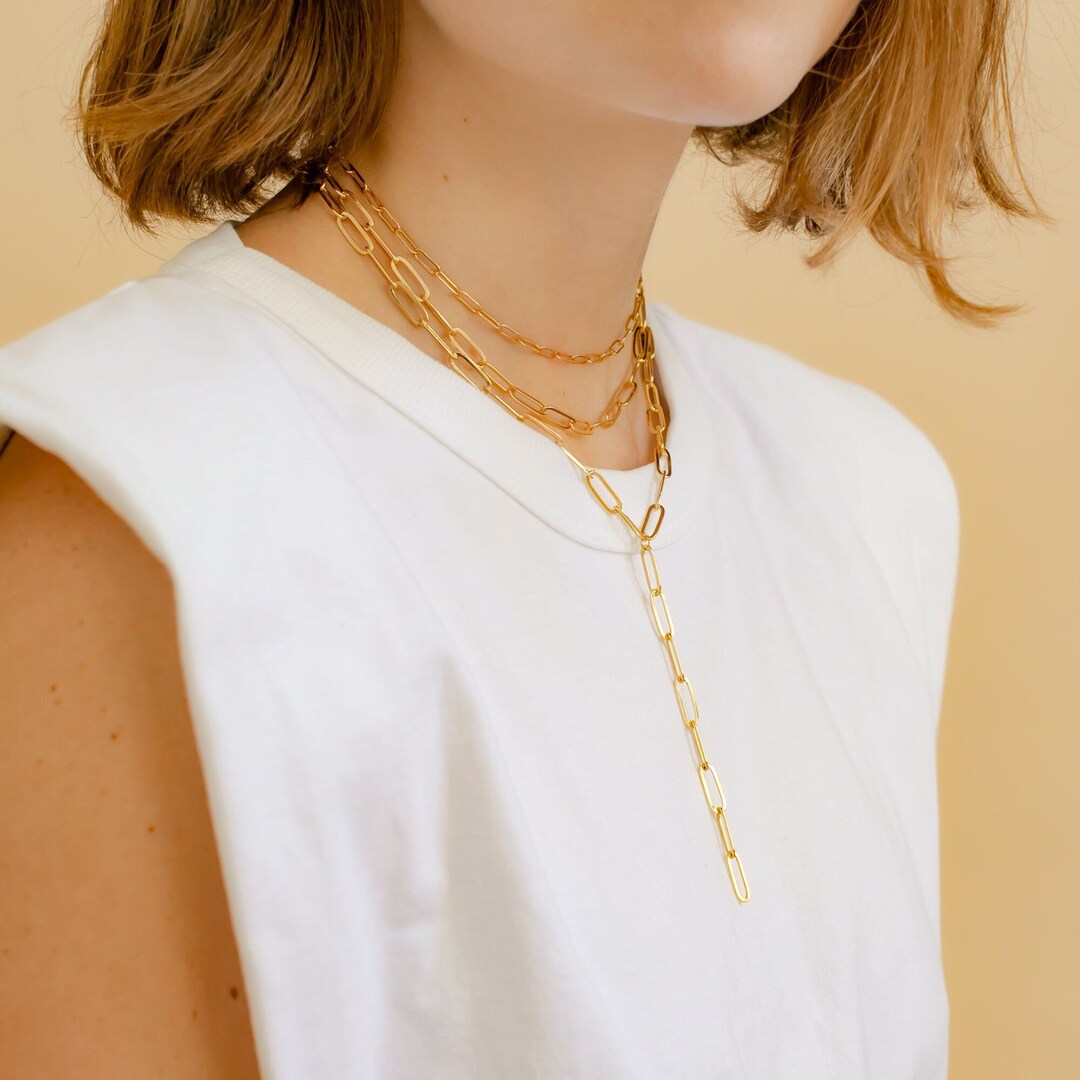 18K Gold Plated Paperclip Chain Necklace Flat Oval Link Necklace Thin ...