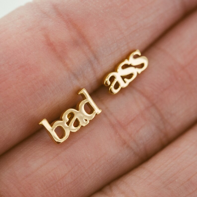 18K Gold Plated Badass Stud Earrings Small Word Earrings for - Etsy