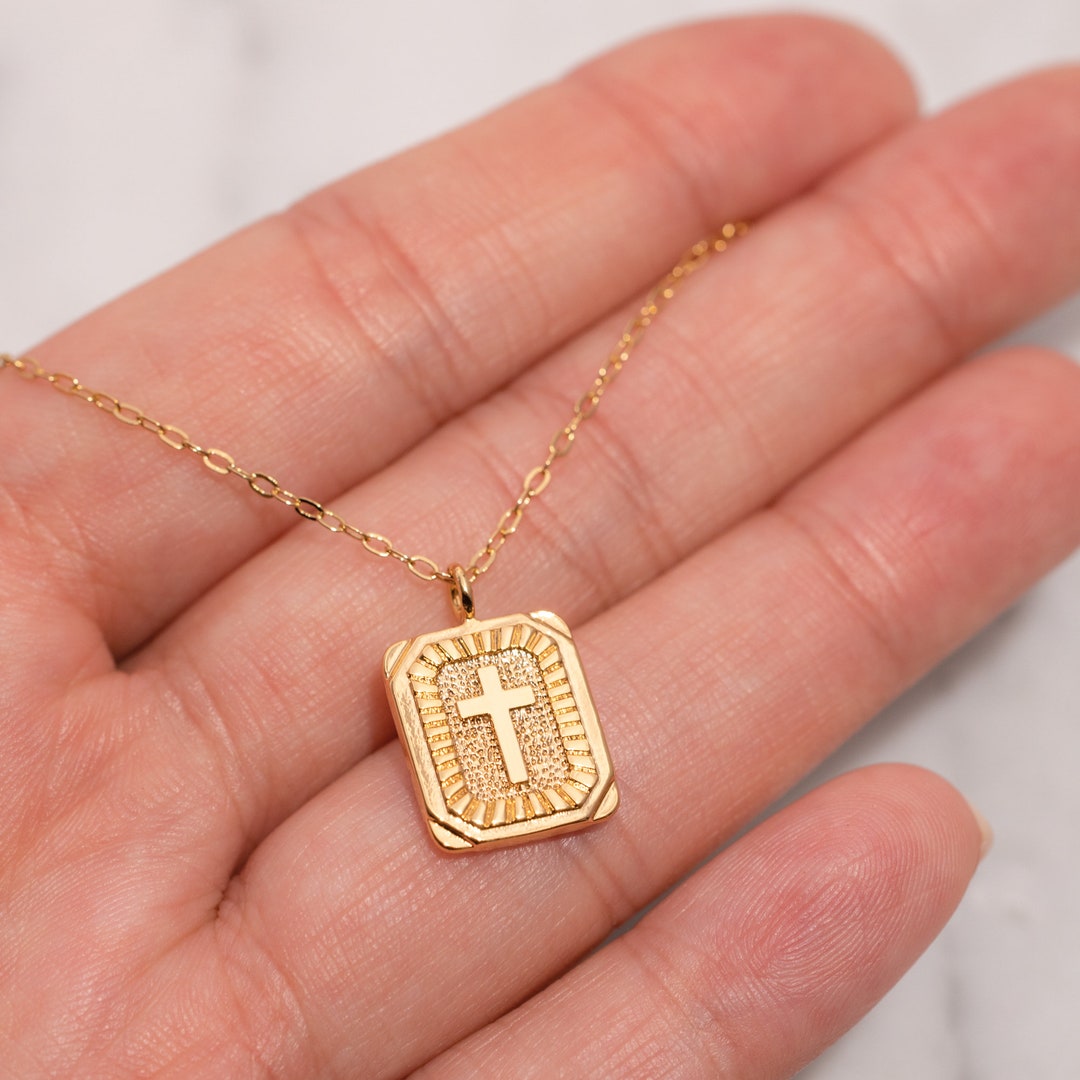 Gold Cross Rectangle Pendant Necklace - Paperclip Chain With Texture ...