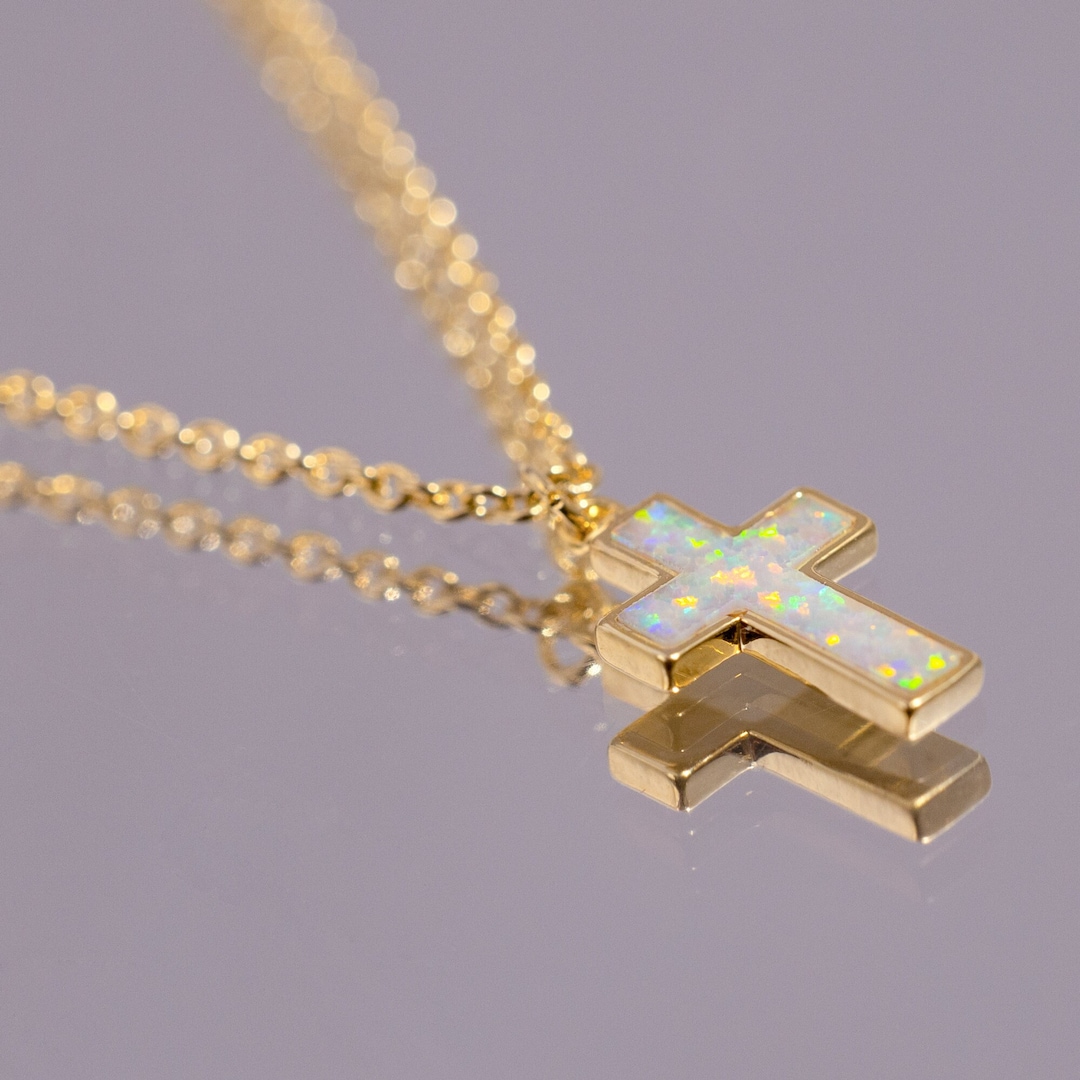 Gold Plated Opal Inlay Cross Necklace - Crucifix Pendant Chain - Modern ...