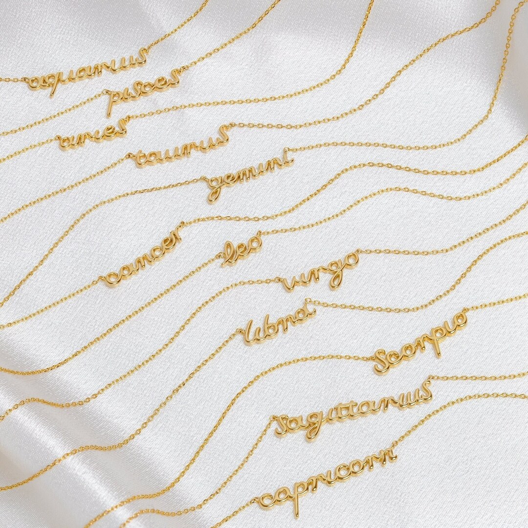 Zodiac Script Necklace - Horoscope Word Pendant - Gold & Silver Tone ...