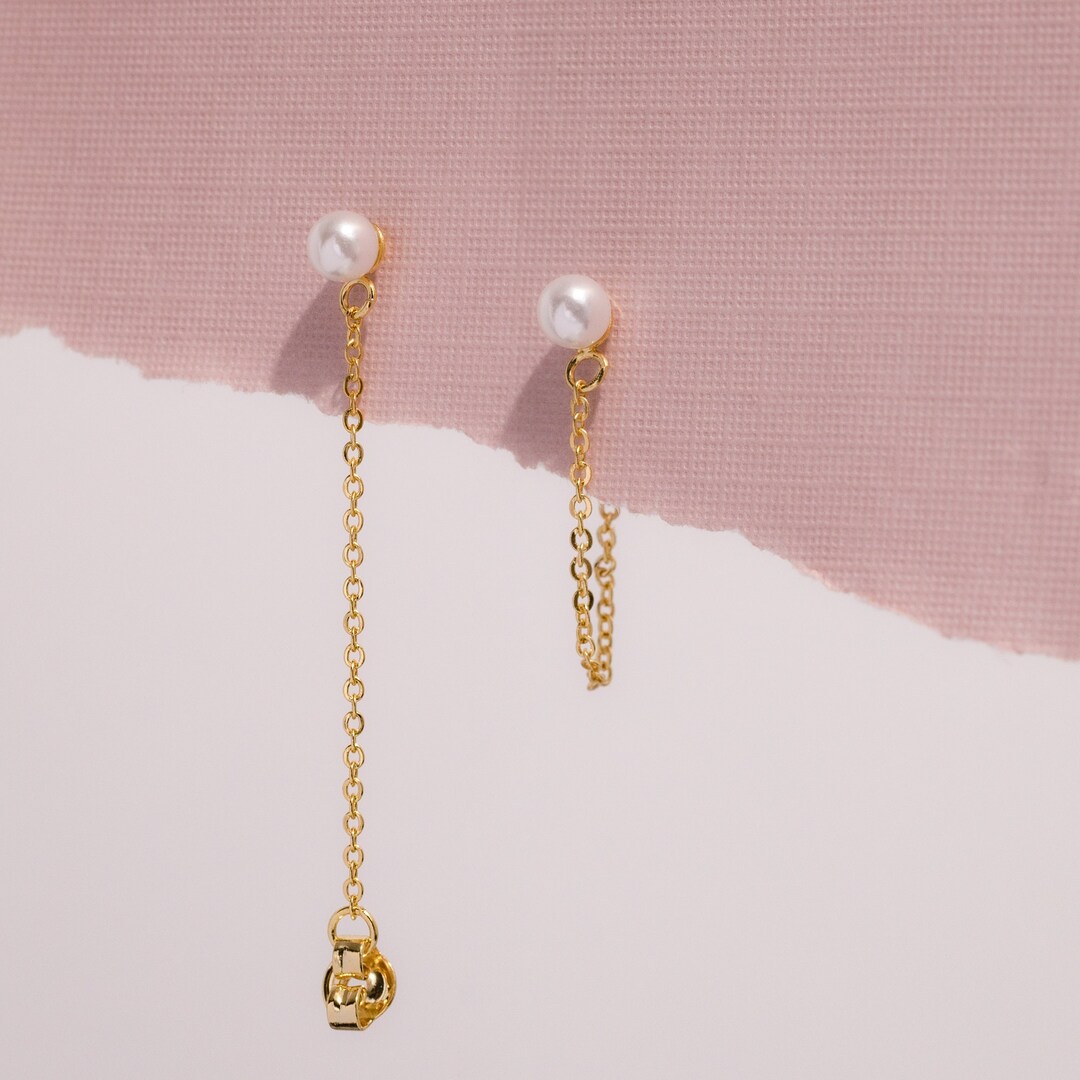 Small Pearl Stud Earrings With Chain Drop - Minimalist Connected Dot ...