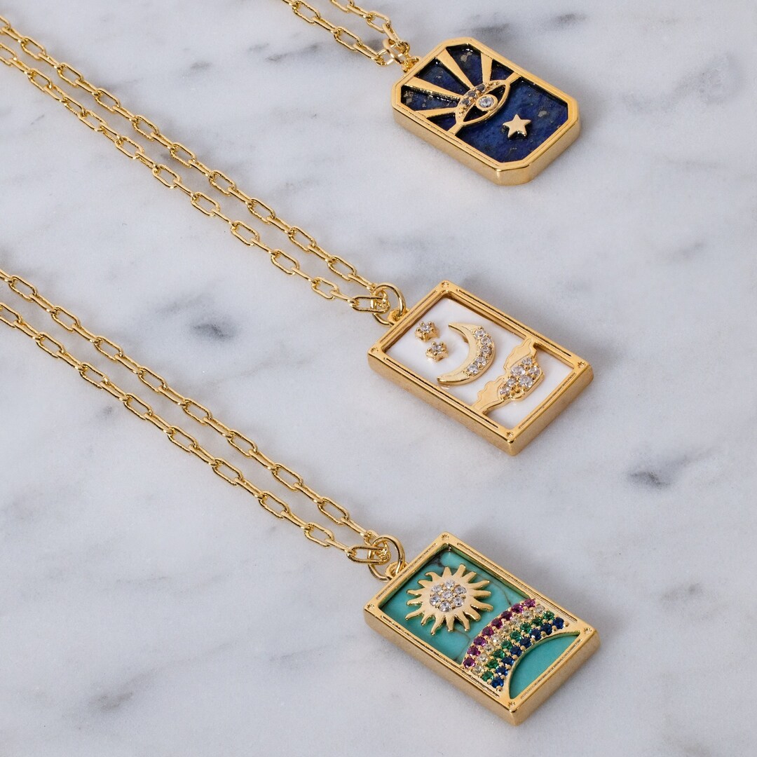 Tarot Card Pendant Necklace With Thin Paperclip Chain - Rectangle Tag ...