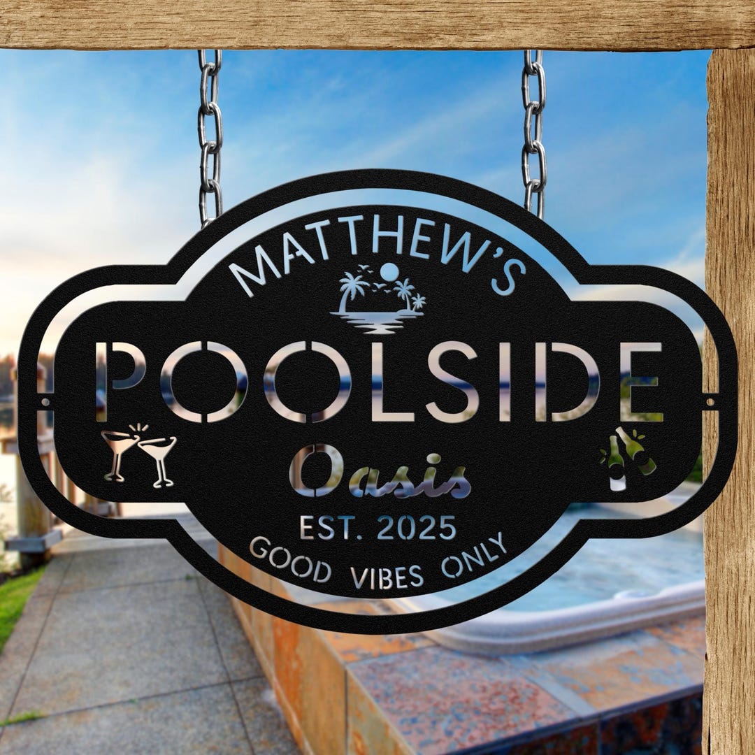 Tropical Pool Oasis Metal Sign Personalized Family Name Steel Wall Art ...