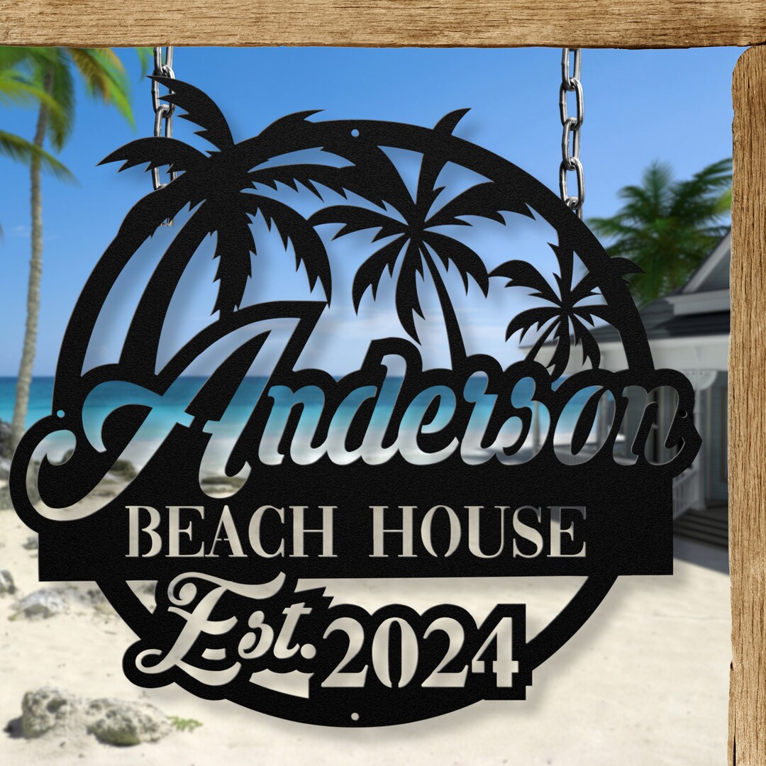 Palm Tree Beach-house Name Sign Personalized Metal Wall Art Poolside ...