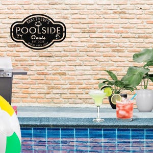 Tropical Pool Oasis Metal Sign Personalized Family Name Steel Wall Art ...