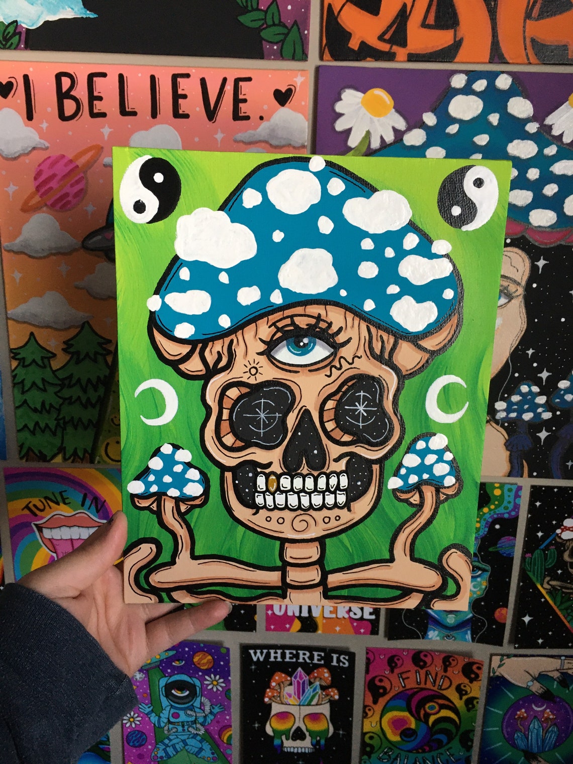 Blue Mushroom Skully Painting, Mushroom Decor, Hippie Painting, Trippy ...