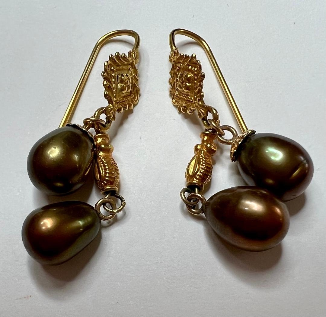 18K LUSTROUS BRONZE PEARL Earrings. Set of Four South Sea Tear Drop ...