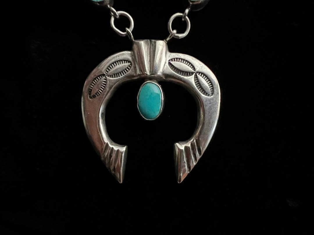 NAVAHO SILVER TURQUOISE Naja Necklace. Circa 1960's. Turquoise is the ...