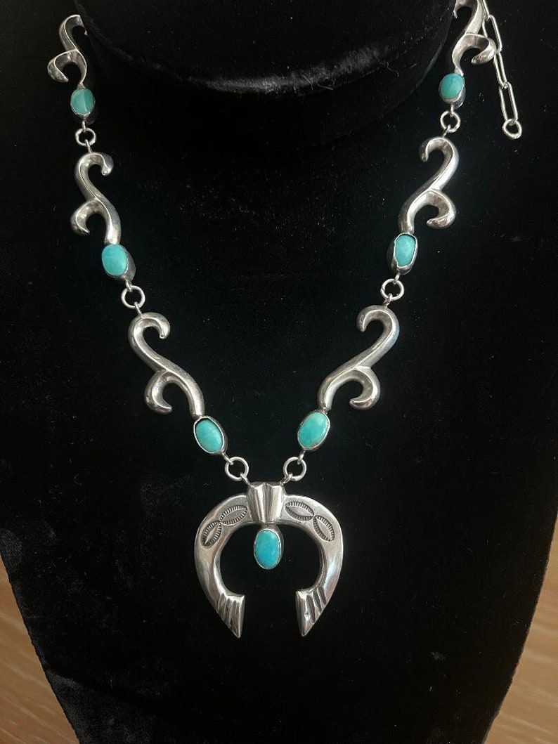 NAVAHO SILVER TURQUOISE Naja Necklace. Circa 1960's. Turquoise is the ...