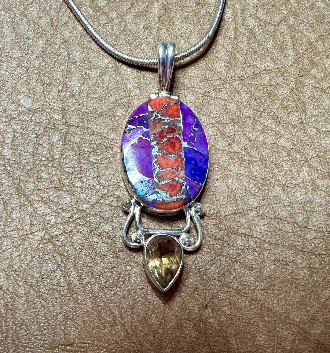 RARE SUGILITE MOSAIC Inlay Pendant With Coral and Ametrine Drop ...