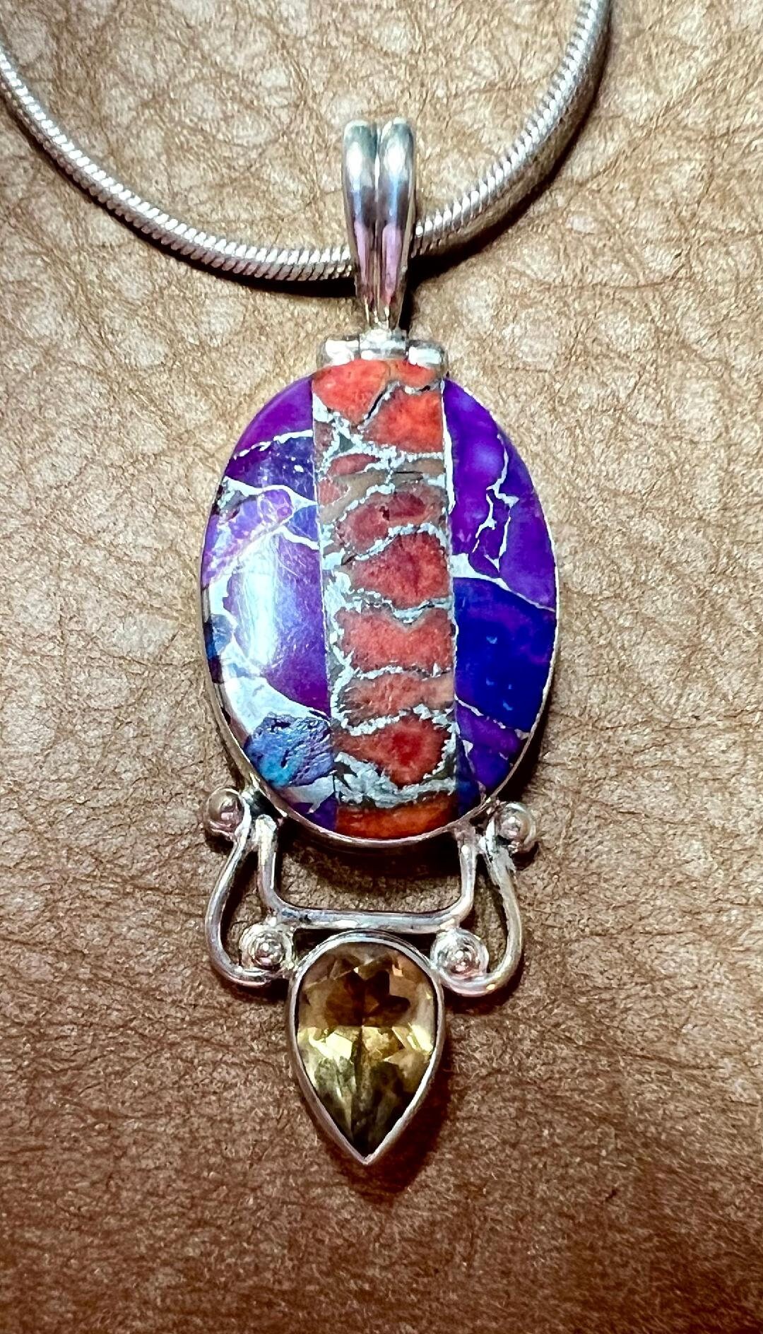 RARE SUGILITE MOSAIC Inlay Pendant With Coral and Ametrine Drop ...