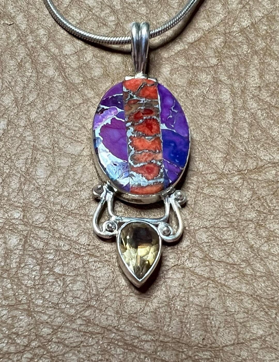 RARE SUGILITE MOSAIC Inlay Pendant With Coral and Ametrine Drop ...