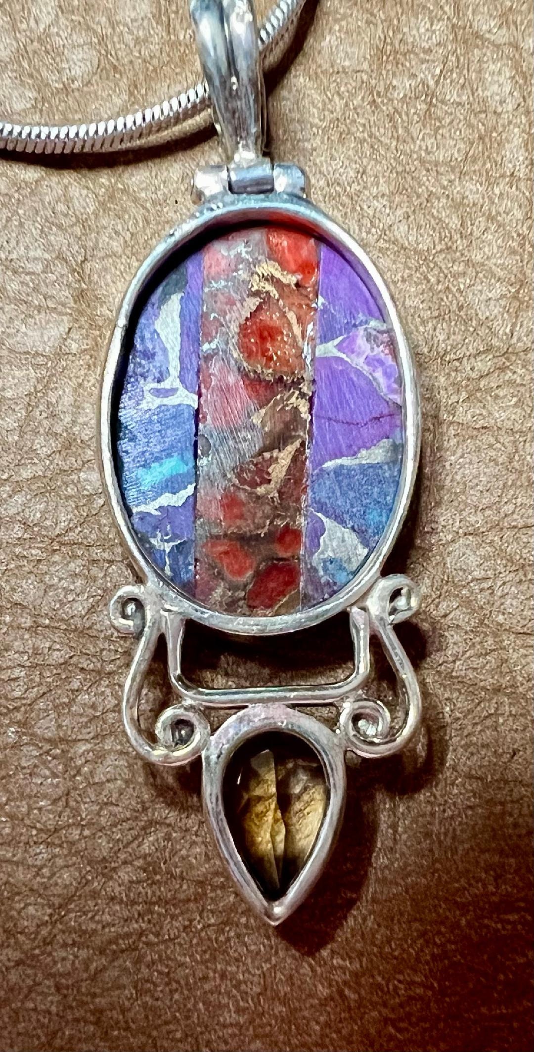 RARE SUGILITE MOSAIC Inlay Pendant With Coral and Ametrine Drop ...