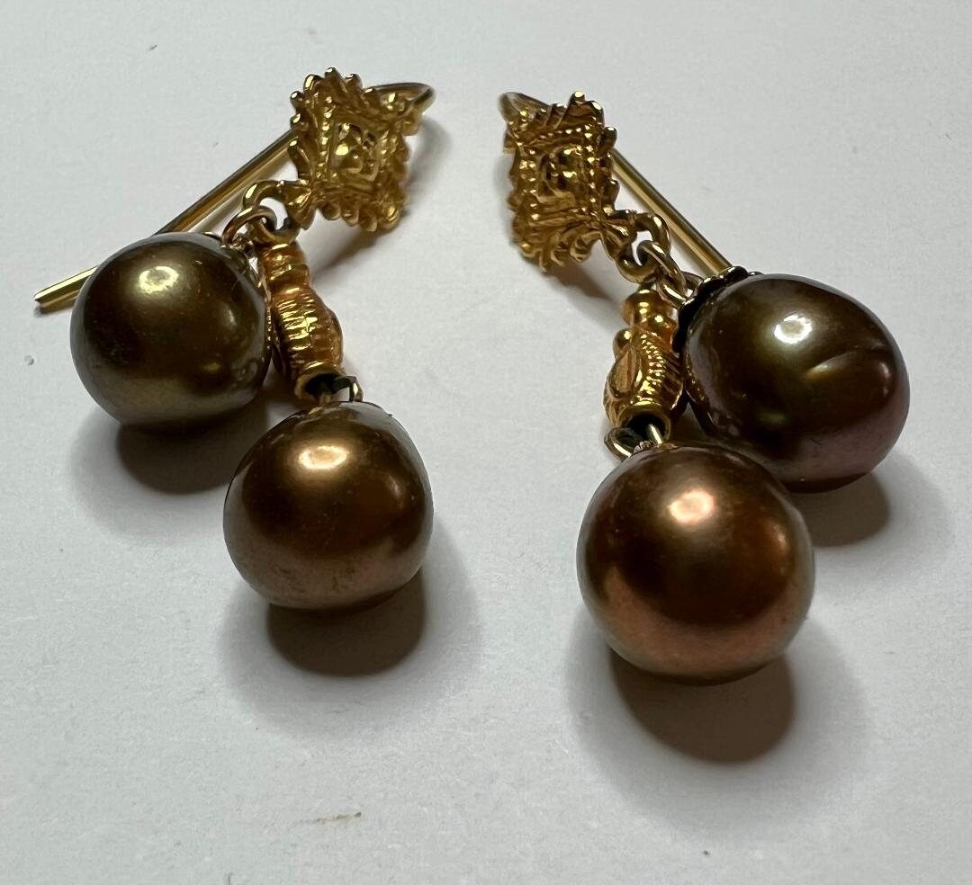 18K LUSTROUS BRONZE PEARL Earrings. Set of Four South Sea Tear Drop ...