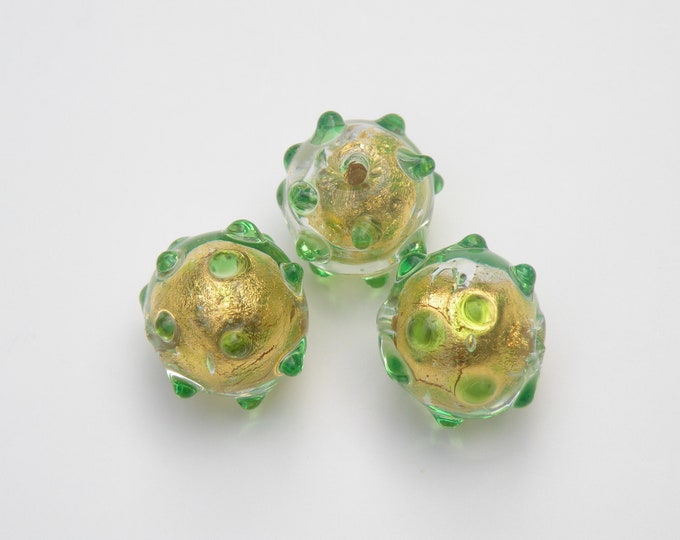 14mm Round Murano Glass, Venetian, Mine Beads With Green Dots, 24 Karat ...