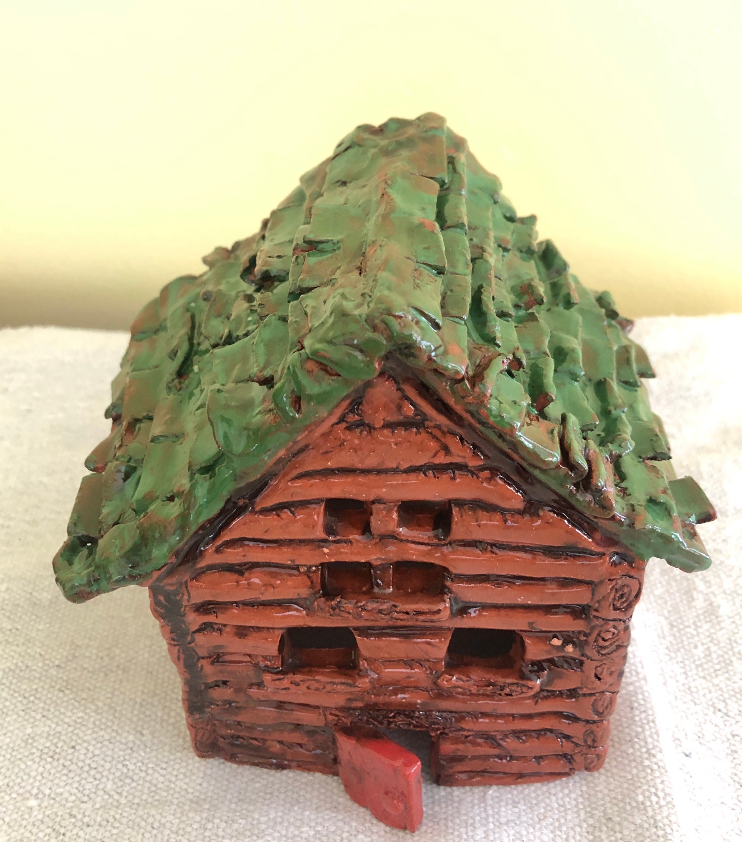 Small Ceramic Log Cabin With a Tiny Red Door - Etsy