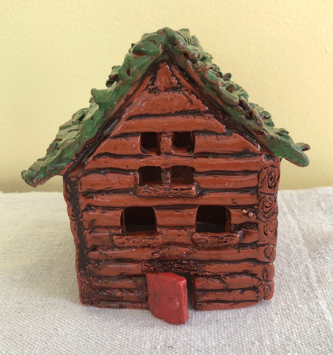 Small Ceramic Log Cabin With a Tiny Red Door - Etsy
