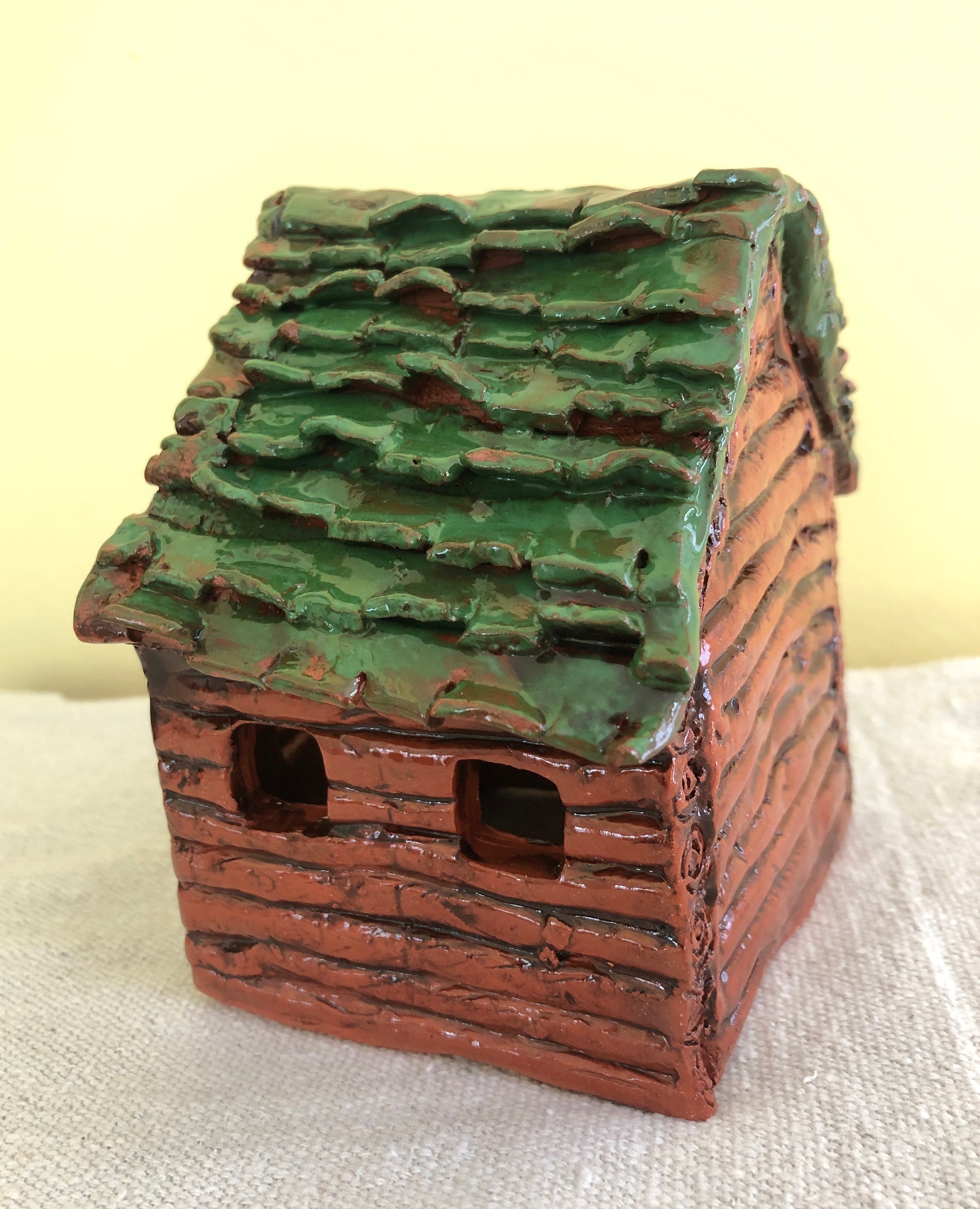 Small Ceramic Log Cabin With a Tiny Red Door - Etsy