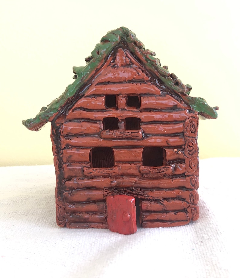 Small Ceramic Log Cabin With a Tiny Red Door - Etsy
