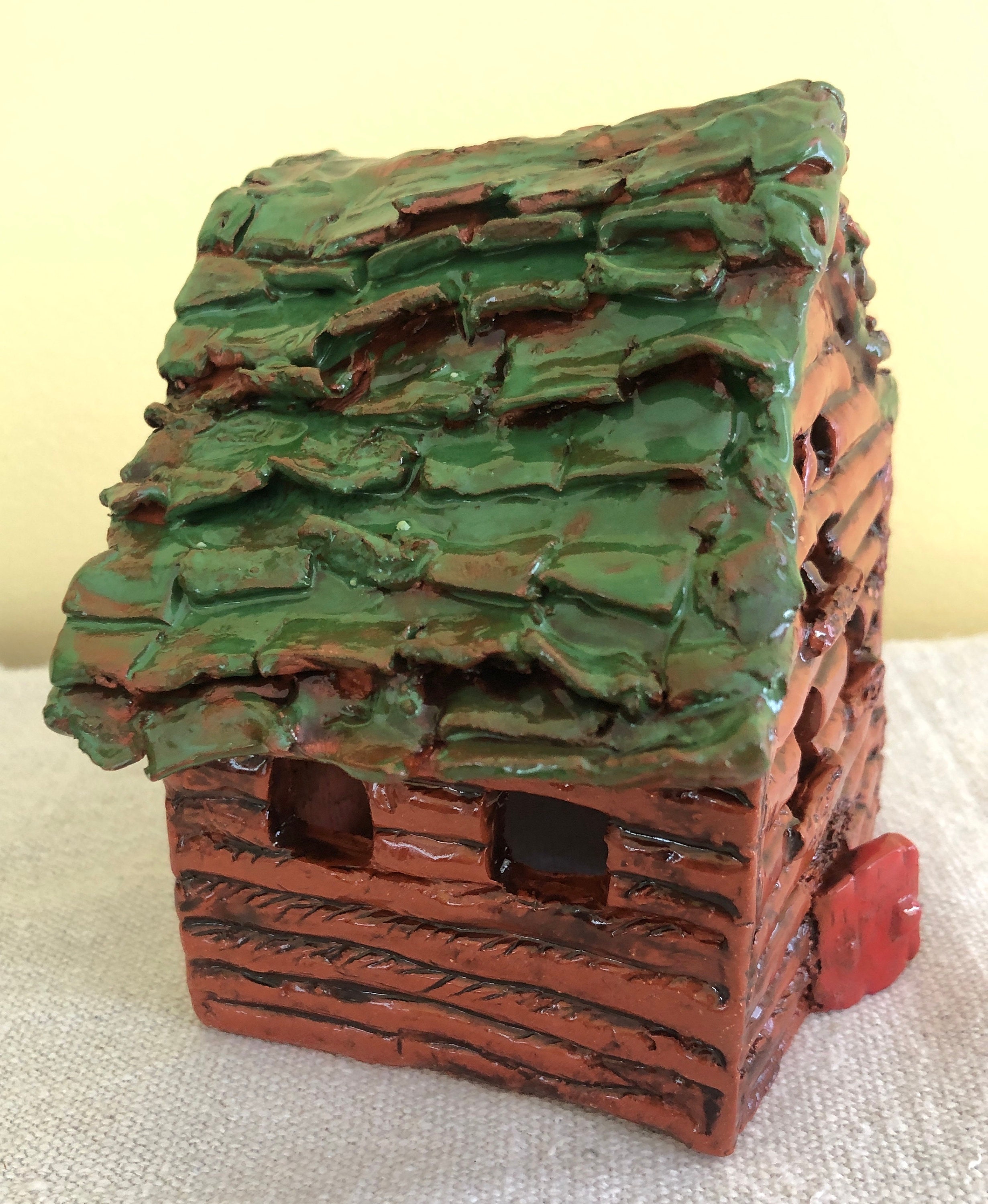 Small Ceramic Log Cabin With a Tiny Red Door - Etsy