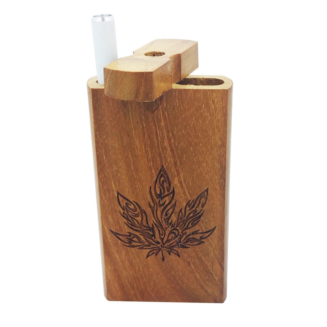 Tribal Marijuana Leaf 4" Wood Hitter Box With FREE Aluminum One Hitter ...
