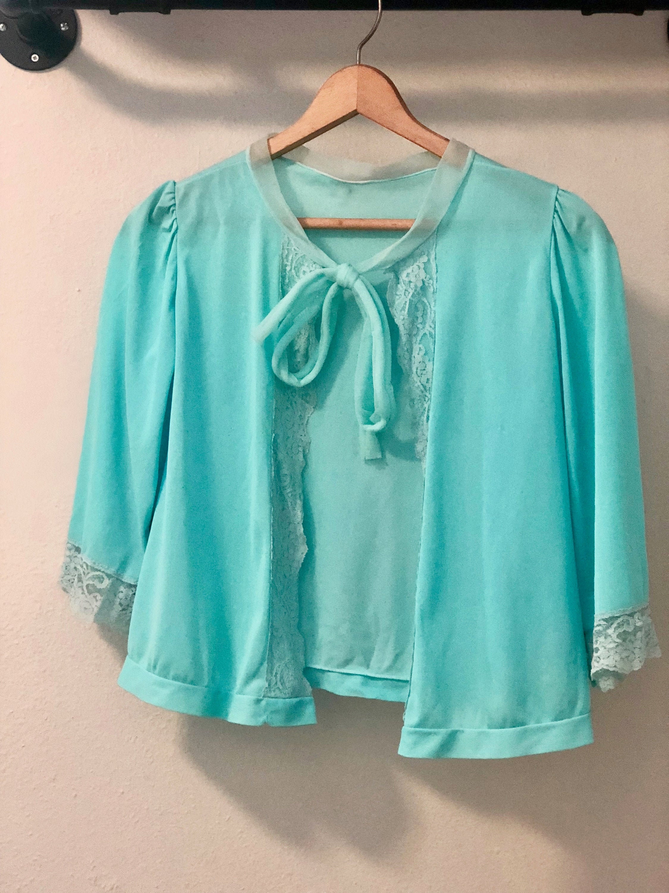 Aqua Lace Edge Bow Vintage Night Shawl - Etsy