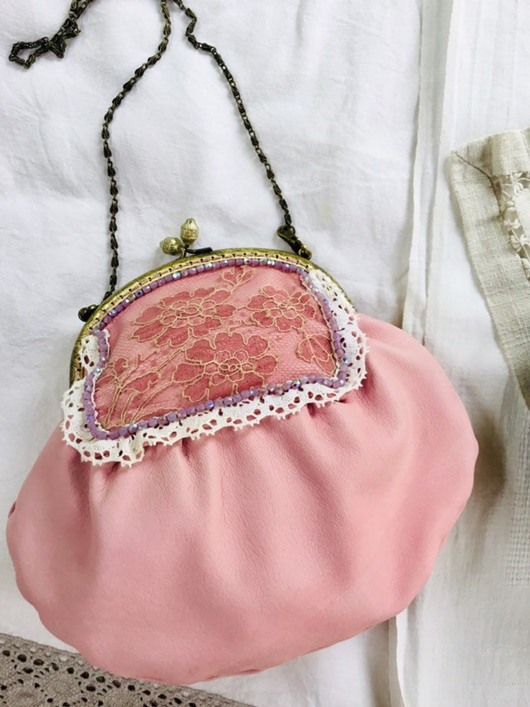 Small Chaplain Bag in Pale Pink Leather and Lilac Lace - Etsy