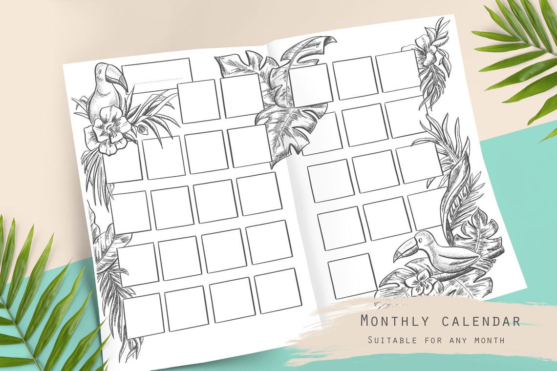 Undated monthly calendar tropical theme printable digital | Etsy