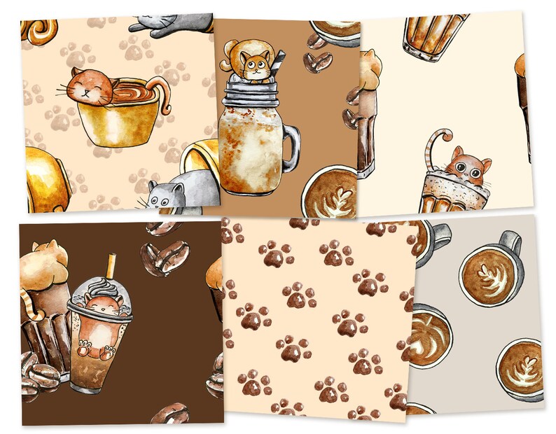 Coffee & Cats Seamless Patterns Handpainted Digital Background - Etsy