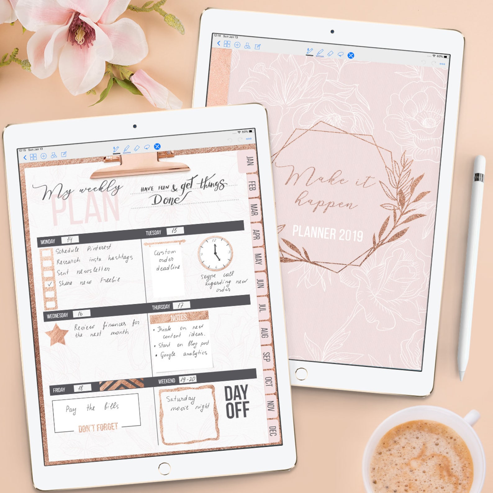 Vertical Digital Planner Rose Gold Undated Monthly & Weekly | Etsy