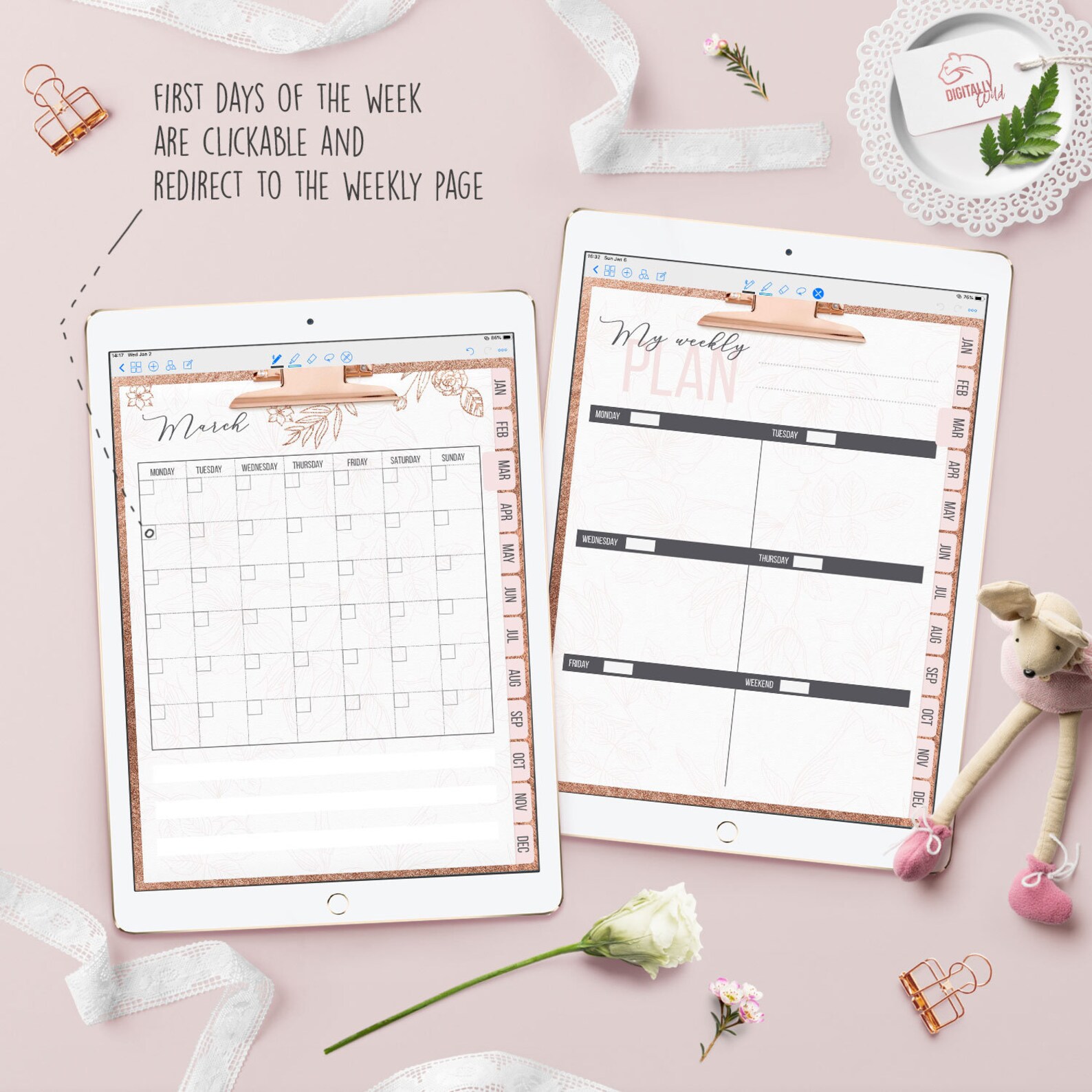 Vertical Digital Planner Rose Gold Undated Monthly & Weekly | Etsy