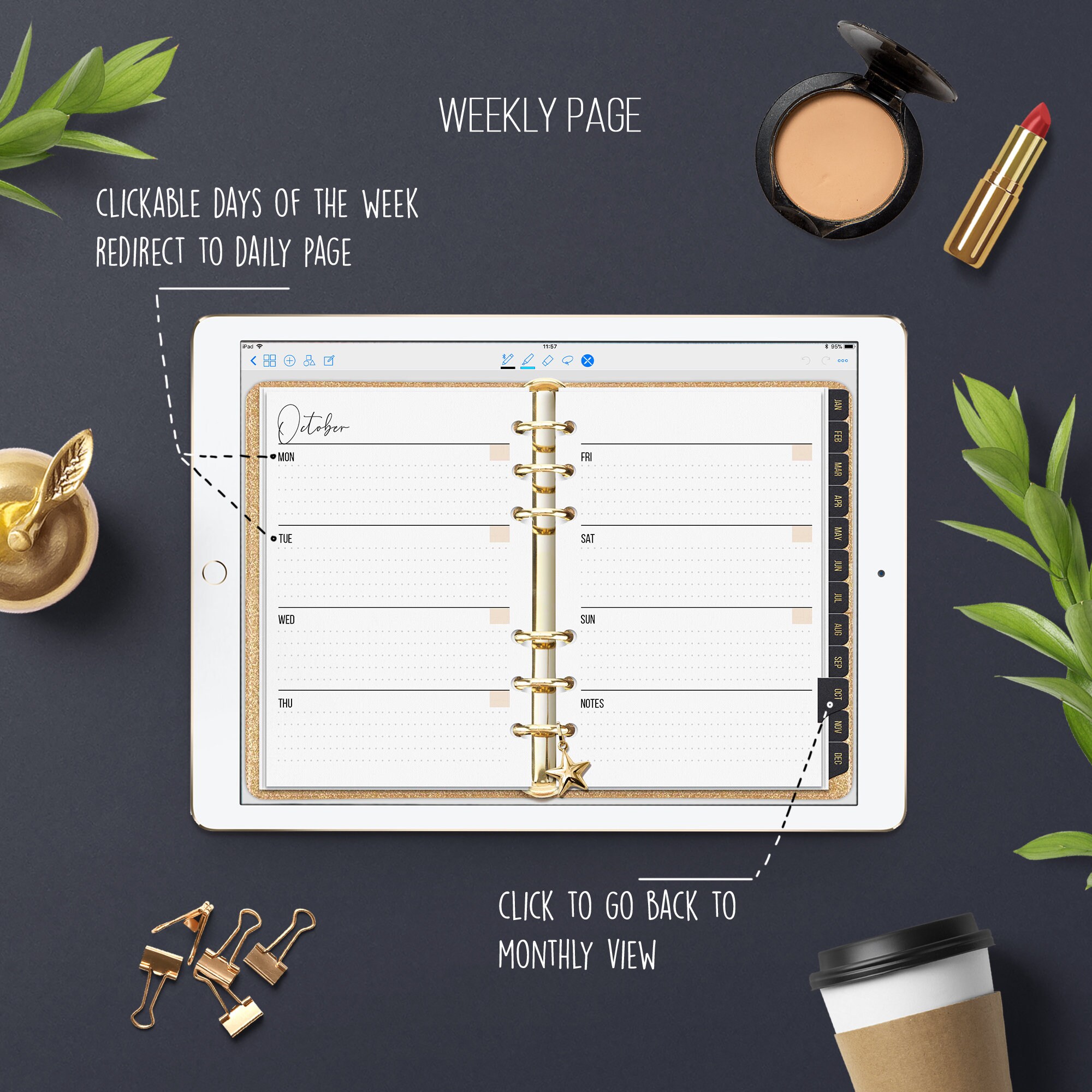 Daily Digital planner Black and Gold Undated monthly Weekly | Etsy