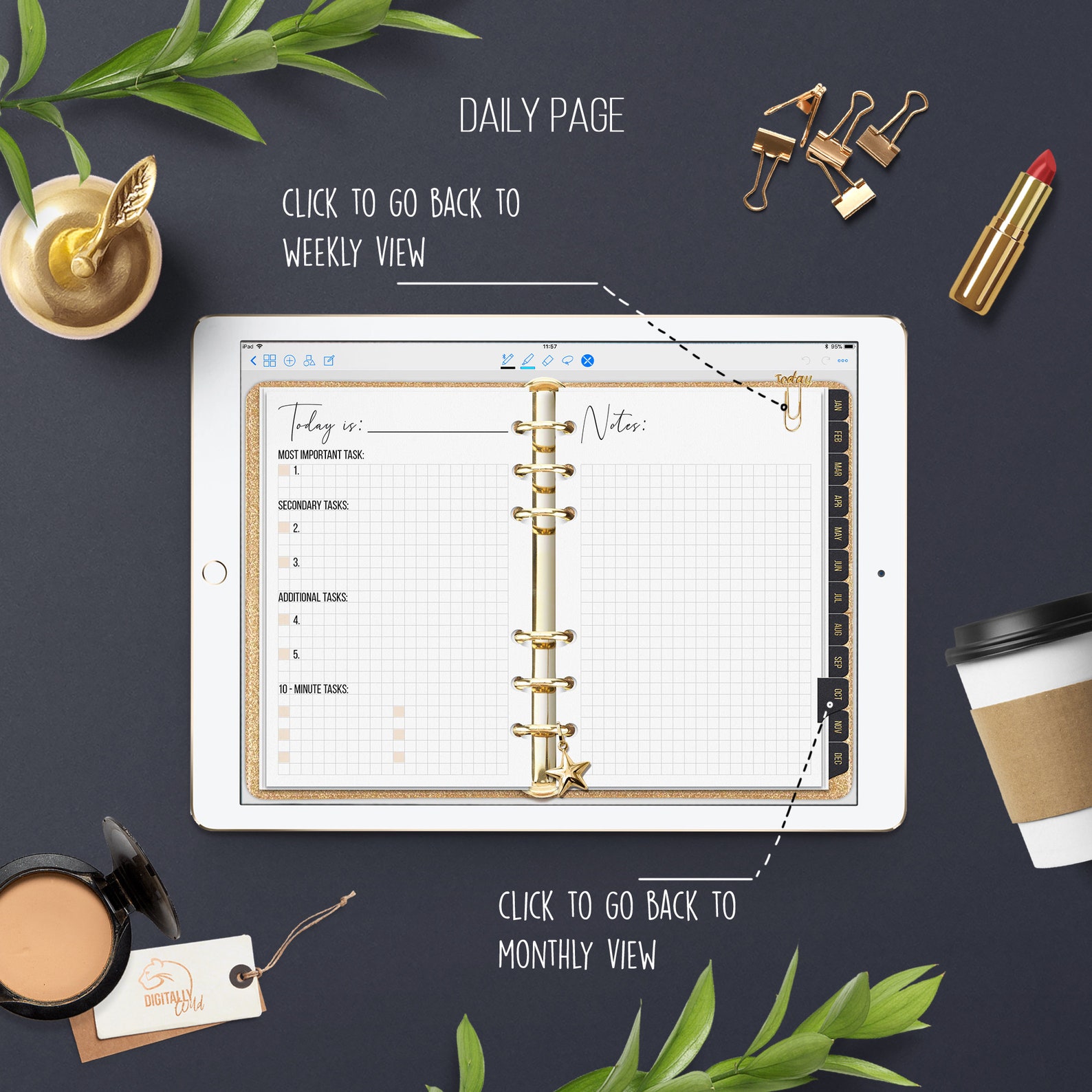 Daily Digital Planner Black and Gold Undated Monthly Weekly Planner ...
