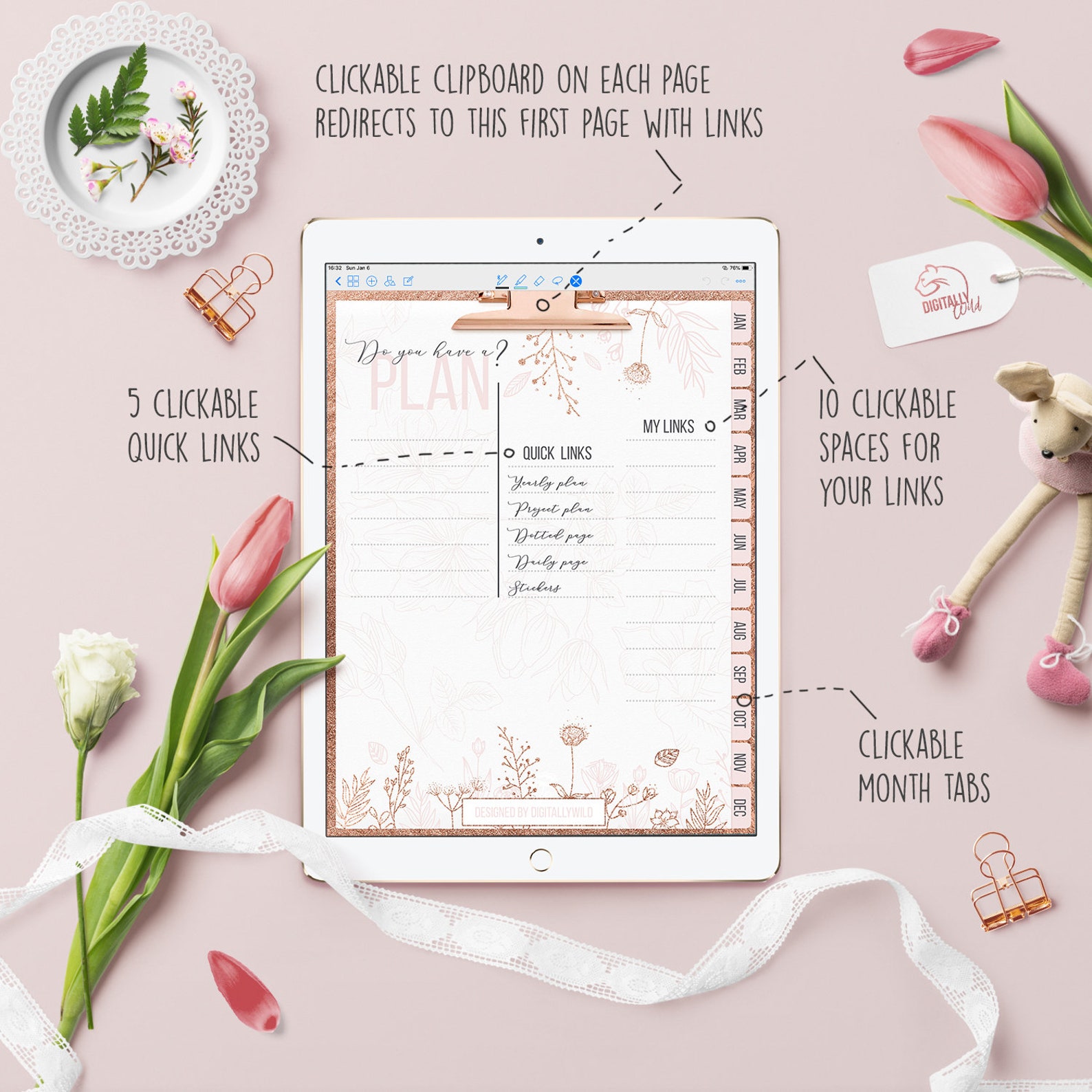 Vertical Digital Planner Rose Gold Undated Monthly & Weekly | Etsy